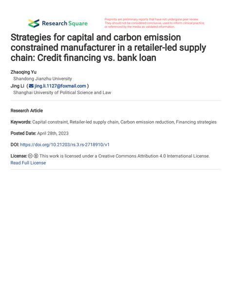 Pdf Strategies For Capital And Carbon Emission Constrained Manufacturer In A Retailer Led