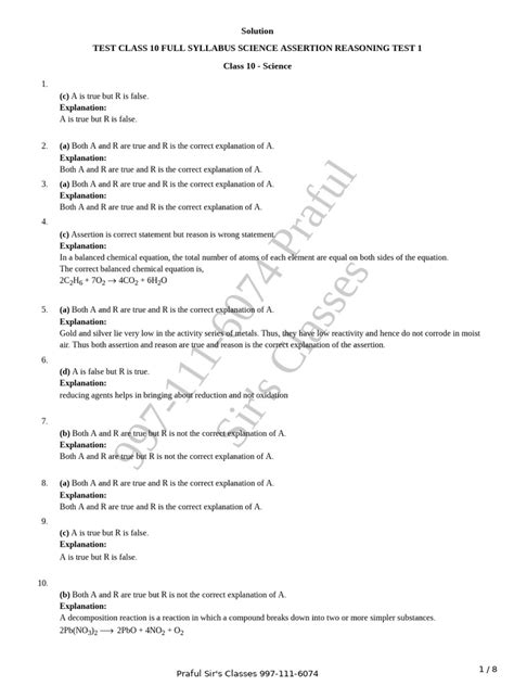 Solution Test Class 10 Full Syllabus Science Assertion Reasoning Test 1