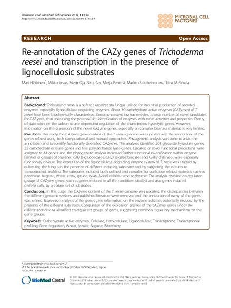 Pdf Re Annotation Of The Cazy Genes Of Trichoderma Reesei And Transcription In The Presence Of