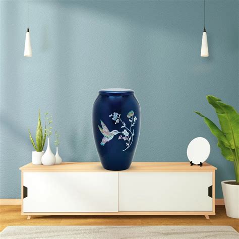 Aluminium Cremation Urn Adult Blue Hummingbird Designer Urn For Human