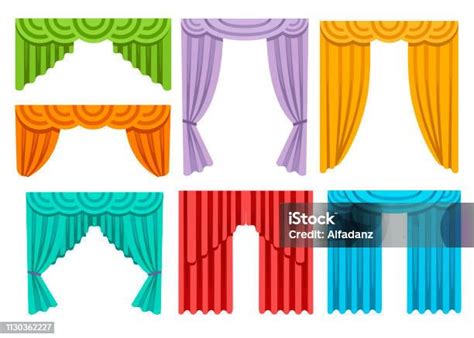 다양 한 다채로운 커튼의 컬렉션입니다 럭셔리 실크 커튼 인테리어 디자인입니다 흰색 배경에 고립 된 평면 벡터 일러스트 레이 션 Theatrical Performance에