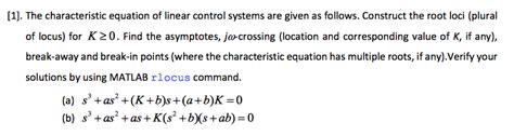 Solved The Characteristic Equation Of Linear Control Systems