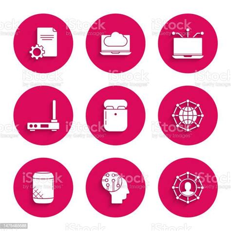 상자에 에어 헤드폰 디지털 회로 기판 프로젝트 팀 기반 글로벌 기술 또는 소셜 네트워크 음성 도우미 라우터 및 Wifi 신호 노트북 및 파일 문서 아이콘으로 인간의 두뇌를