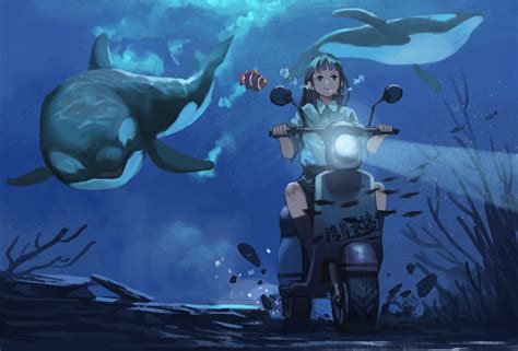 Anime Girl Riding Bike Under Water Wallpaper Hd Anime 4k Wallpapers
