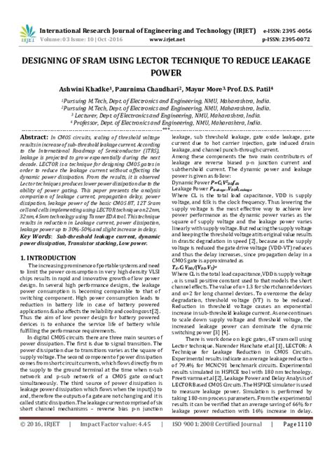 Pdf Designing Of Sram Using Lector Technique To Reduce Leakage Power