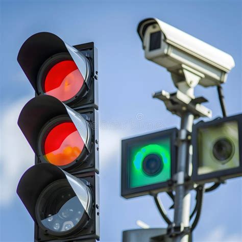 Red Traffic Light Signaling Stop With Security Camera Monitoring Intersection Stock Illustration