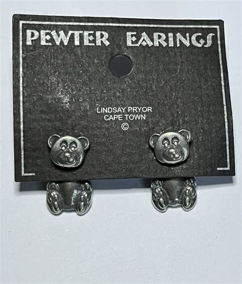Vintage Pewter Teddy Bear Back Front Pierced Earrings Gem