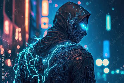 Hacker In Cyberpunk Garb Skulk Under Some Cyan Christmas Lights