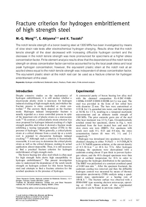 Pdf Fracture Criterion For Hydrogen Embrittlement Of High Strength Steel