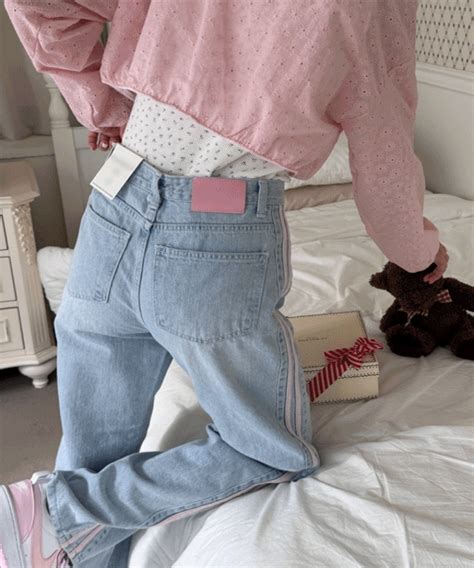 파스텔 핑크 연청 데님 팬츠 와이드 청바지 일자 봄 에이블리