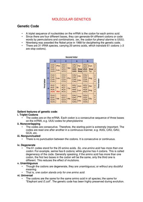 Genetic Code Molecular Genetics Genetic Code A Triplet Sequence Of Nucleotides On The Mrna Is