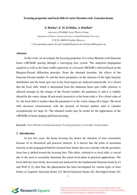 Pdf Focusing Properties And Focal Shift Of Vortex Hermite Cosh Gaussian Beams