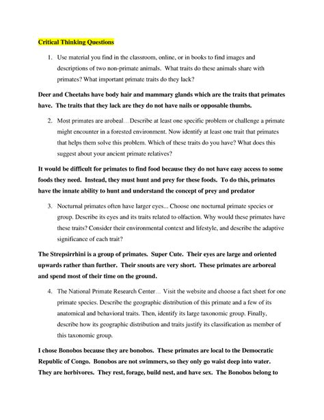Lab 8 This Is Lab 10 In The Book Primate Taxonomy Includes Prelab Questions Lab Critical