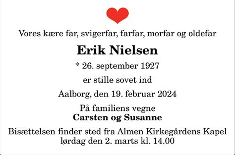 Dødsannonce For Erik Nielsen Nordjyske Dk