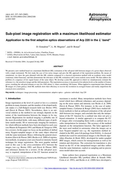 Pdf Sub Pixel Image Registration With A Maximum Likelihood Estimator Application To The First
