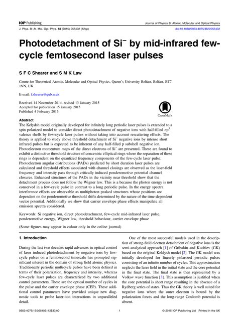 Photodetachment Of Si By Mid Infrared Few Cycle Femtosecond Laser Pulses Request Pdf