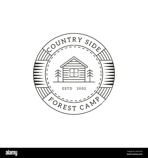 Minimalist Line Art Countryside Forest Camp Logo Badge Vector Traditional Building Architecture