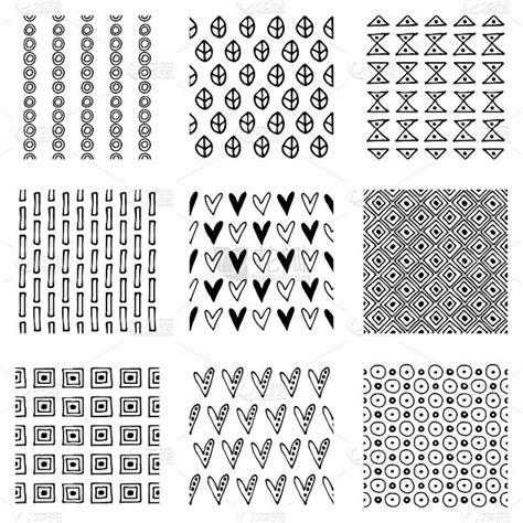 一组无缝矢量模式。黑白几何无尽的背景手绘几何形状，三角形，圆，点，线，简单的图形设计。重复装饰点缀。素材 花瓣网