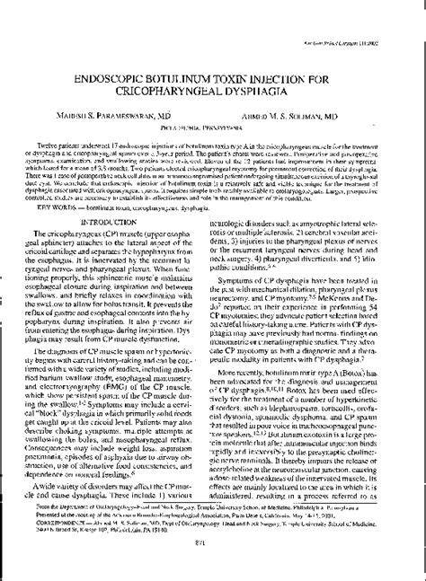 Pdf Endoscopic Botulinum Toxin Injection For Cricopharyngeal Dysphagia