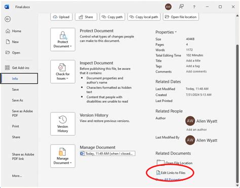 Updating Document Links Microsoft Word
