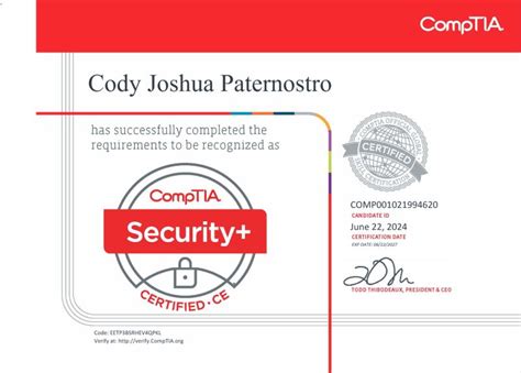 Cody Paternostro On Linkedin Comptia Securityplus Cybersecurity