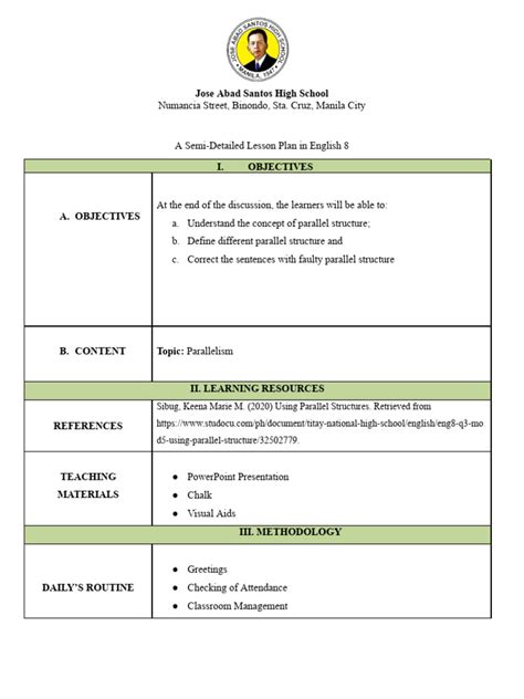 Lesson Plan Parallelism Pdf Lesson Plan Sentence Linguistics