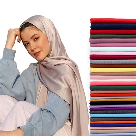 Plain Color Luxury Silk Scarf Hijab Headband Female Islamic Head Cover Wrap For Women Muslim