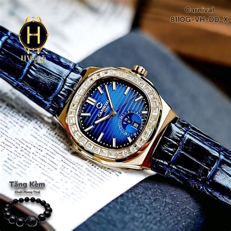 Đồng Hồ Nam Carnival Automatic 8110g Vh Dd X Dây Da Vỏ Vàng Hồng Mặt Xanh Dương Sapphire