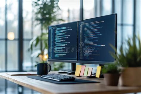 Modern Office Desk Shows Two Computer Screens With Code Keyboard Mug Plants On Desk Tech