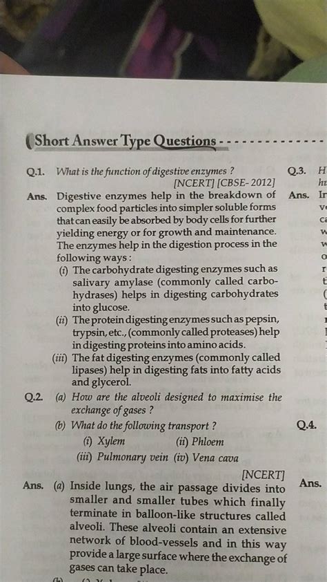 Short Answer Type Questions Q1 What Is The Function Of Digestive Enzy