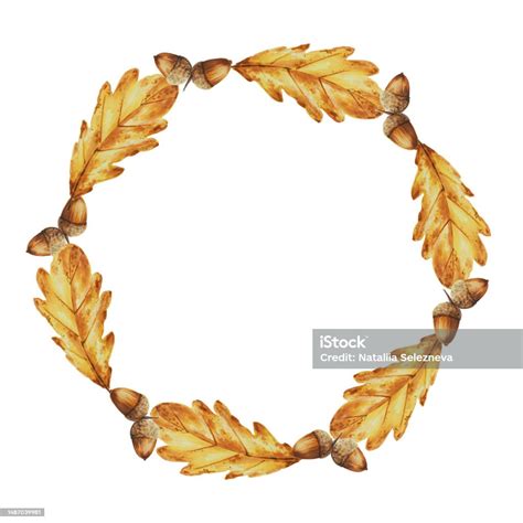 가을 떡갈나무 잎과 도토리가 분리된 수채화 화환 추수감사절 디자이너를 위한 할로윈 일러스트레이션 스크랩북 디자이너 엽서 파티 초대장 포장지 표지 포스터 및 직물 및 로고를