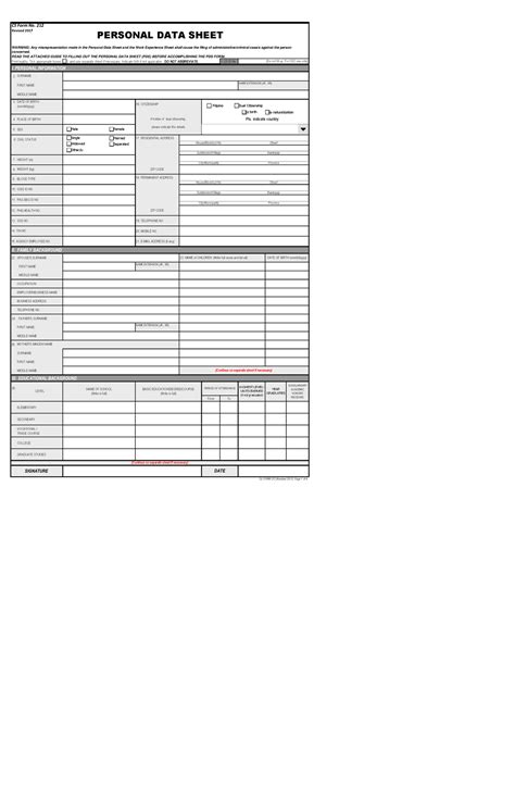Cs Form No 212 Personal Data Sheet Revised Pds New Print Legibly Tick Appropriate Boxes