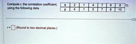 Solved Compute R The Correlation Coefficient Using The Following Data Able[[x 2 1 4 7 6 8
