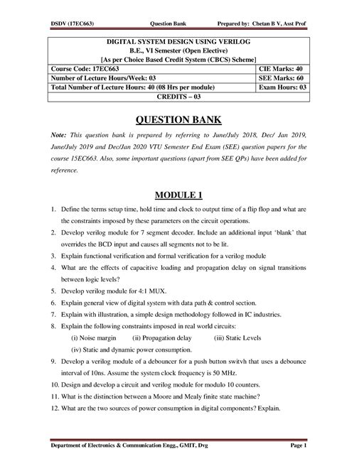 Dsdv 17ec663 15ec663 Question Bank Digital System Design Using
