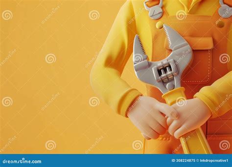 3d Style Cute Cartoon Character Of A Construction Worker Holding A Large Spanner Stock