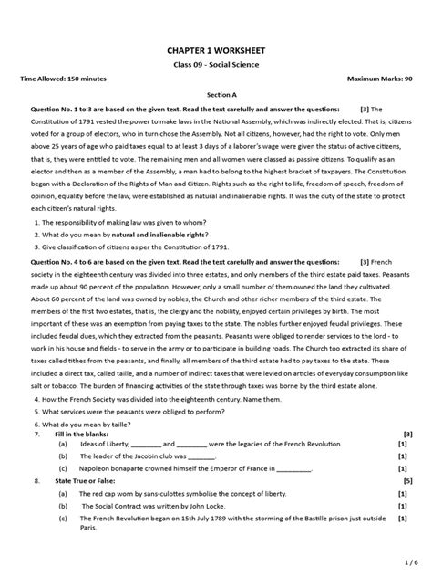 Class 9 Social Science Worksheet Pdf French Revolution Taxes