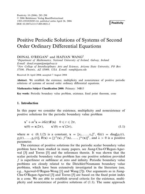 Positive Periodic Solutions Of Systems Of Second Order Ordinary Differential Equations Pdf