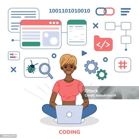 Programmer Tester Female Character Doodle Illustration African American Girl Programmer Coder At