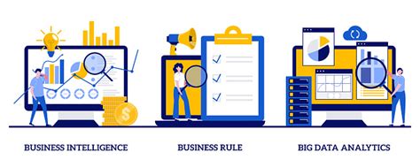 비즈니스 인텔리전스 비즈니스 규칙 작은 사람들과 빅 데이터 분석 개념 엔터프라이즈 전략 개발 추상 벡터 일러스트레이션 세트입니다