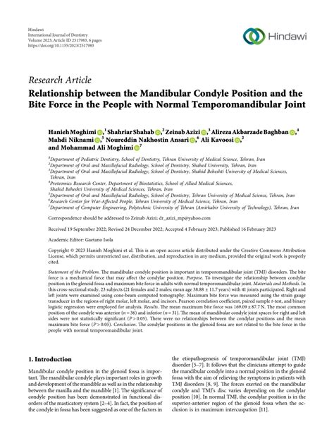 Pdf Relationship Between The Mandibular Condyle Position And The Bite Force In The People With