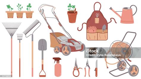 유용한 원예 및 정원 관리 도구의 그림을 설정하십시오 잔디 깎는 기계 정원 호스 릴 삽과 갈퀴 그리고 흰색 배경에 격리된 기타 도구 앞마당 또는 뒷마당에 대한 스톡 벡터