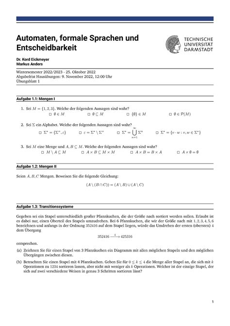 Afe Ex1 übung01 Automaten Formale Sprachen Und Entscheidbarkeit Dr Kord Eickmeyer Markus
