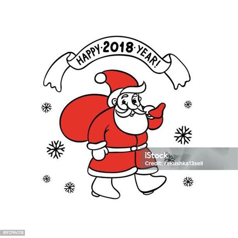 재미 있는 산타 클로스의 귀여운 벡터 스케치 그림 선물와 눈송이 주위 가방을 운반합니다 디자인 인사말 카드 새로운 2018 년 및 손으로 쓰는 편지 흰색 바탕에 검은 스타일