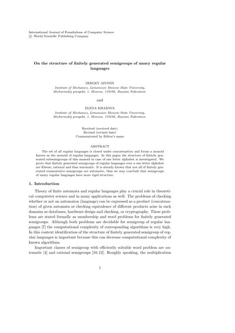Pdf On The Structure Of Finitely Generated Semigroups Of Unary Regular Languages