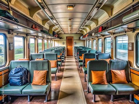 Empty Rail Car Interior With Luggage Cluttered Seats Footrests And