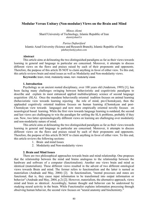 PDF Modular Vs Unitary Non Modular Views On The Brain And Mind
