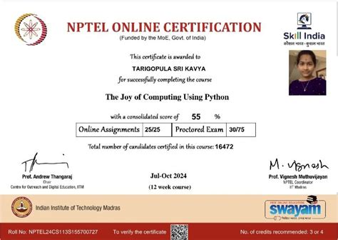 Nptel Pythonprogramming Joyofcomputing Iitmadras Skillindia Srikavya Tarigopula