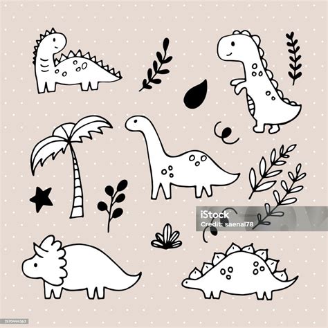 귀여운 손으로 그린 공룡과 열대 식물 아이들을 위한 공룡 컬렉션 재미있는 캐릭터 세트 개체 그룹에 대한 스톡 벡터 아트 및 기타