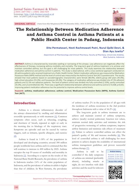 Pdf The Effect Of Medication Adherence And Asthma Control In Asthma Patients At A Public