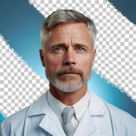 스칸디나비아 인종의 짧은 머리카락을 가진 중년 남자가 미생물학자 의상을 입고 파스텔 스카이 블루 배경에 Close Up Of Lips 스타일로 포즈를 취합니다 프리미엄